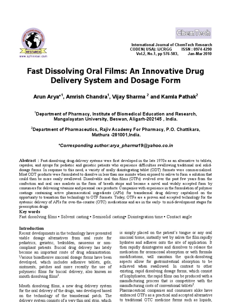 Fast Dissolving Oral Films an Innovative Drug | Tablet (Pharmacy ...