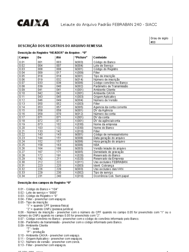 Leiaute FEBRABAN 240 - SIACC | PDF | Conta de transação | Moeda