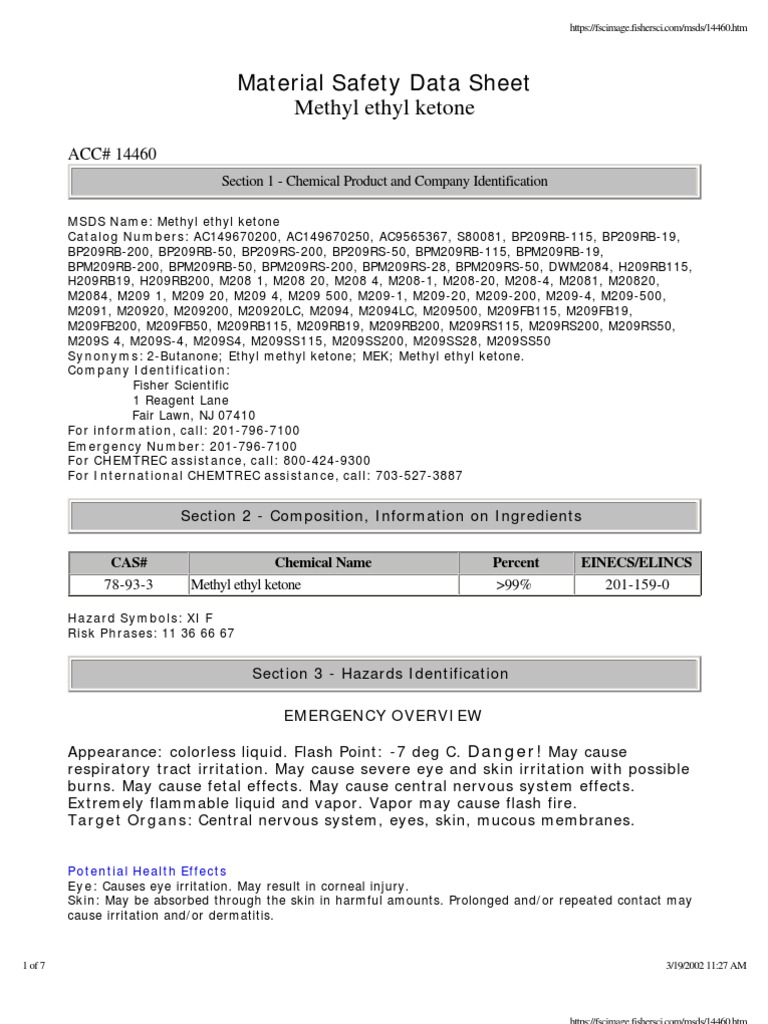 Material Safety Data Sheet Methyl Ethyl Ketone: Cas# Chemical Name ...