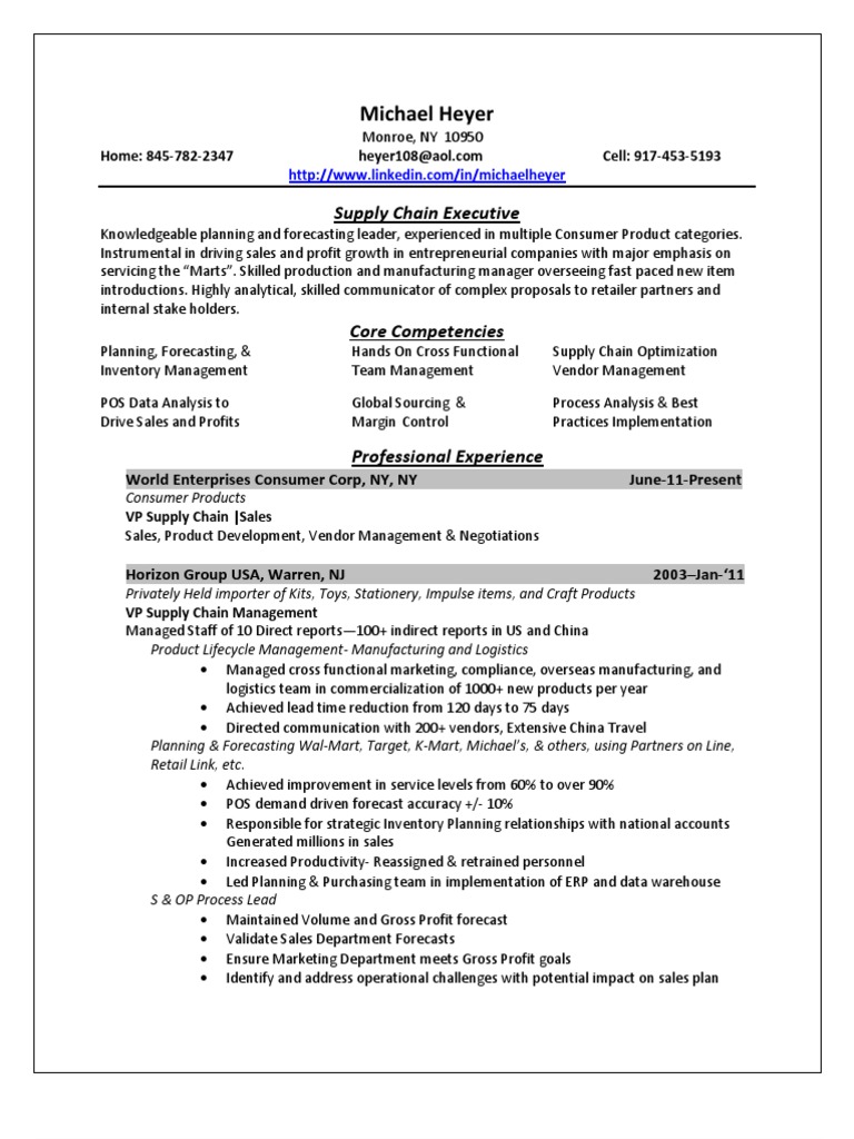 VP Supply Chain CPG in New York City Resume Michael Heyer | PDF ...