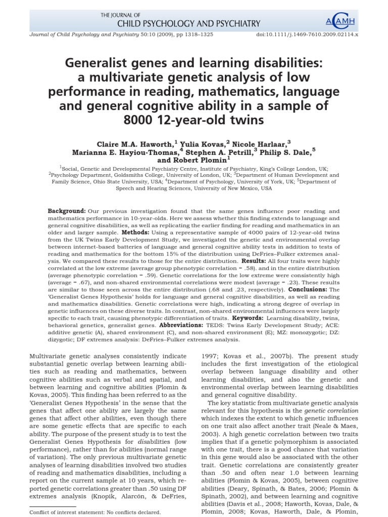 Generalist Genes and Learning Disabilities: A Multivariate Genetic ...