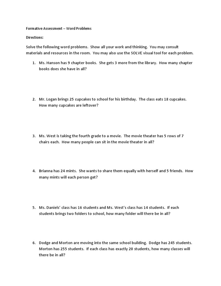 Formative Assessment - Word Problems Directions | PDF