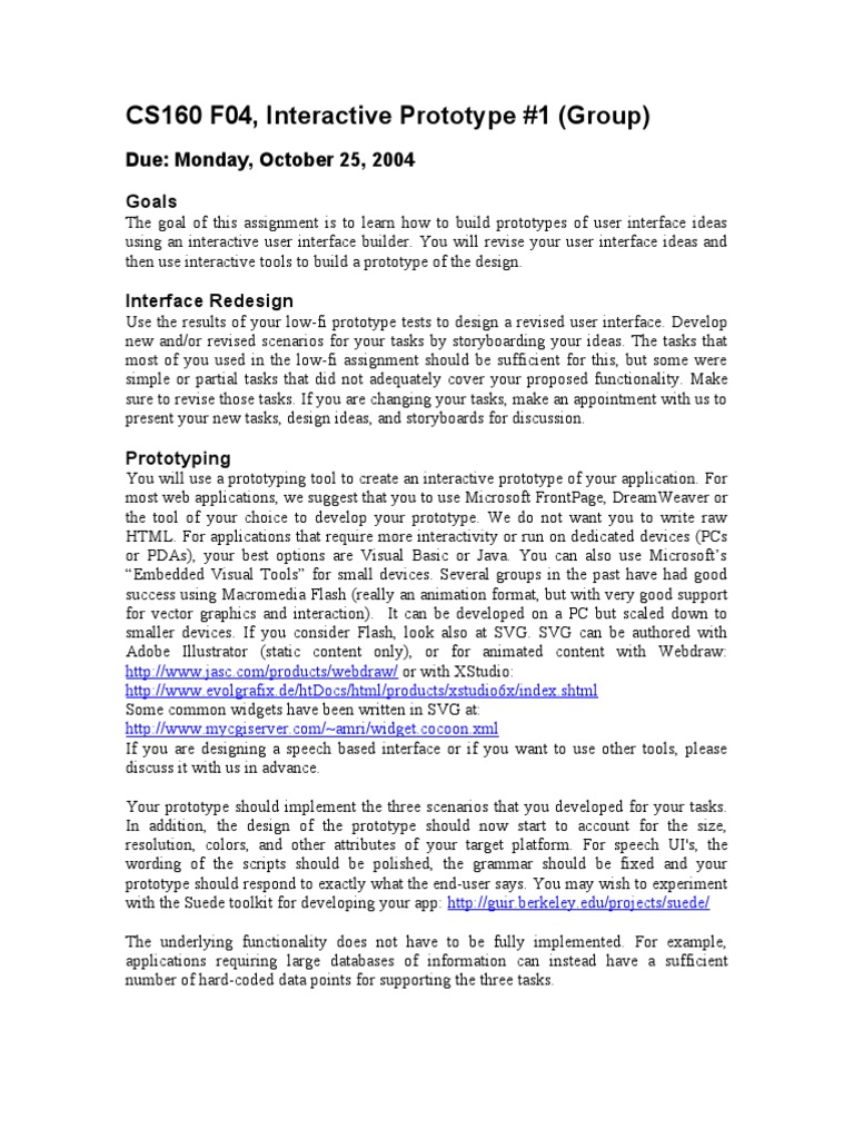 CS160 F04, Interactive Prototype #1 (Group) : Due: Monday, October 25, 2004 | PDF | Adobe Flash ...