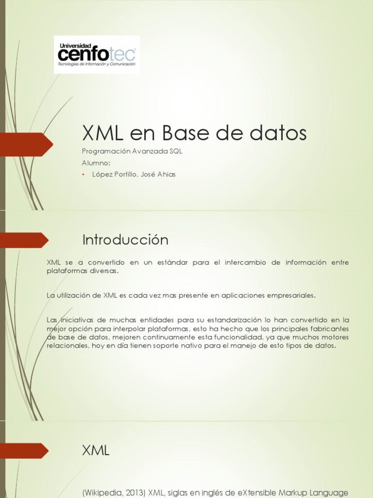 Presentacion XML en Base Datos | PDF | SQL | Xml