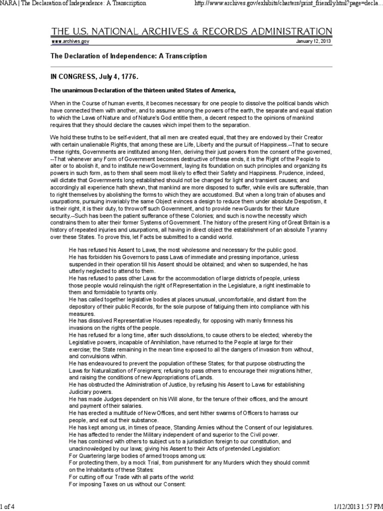 Declaration of Independence Transcription | PDF | Natural And Legal ...