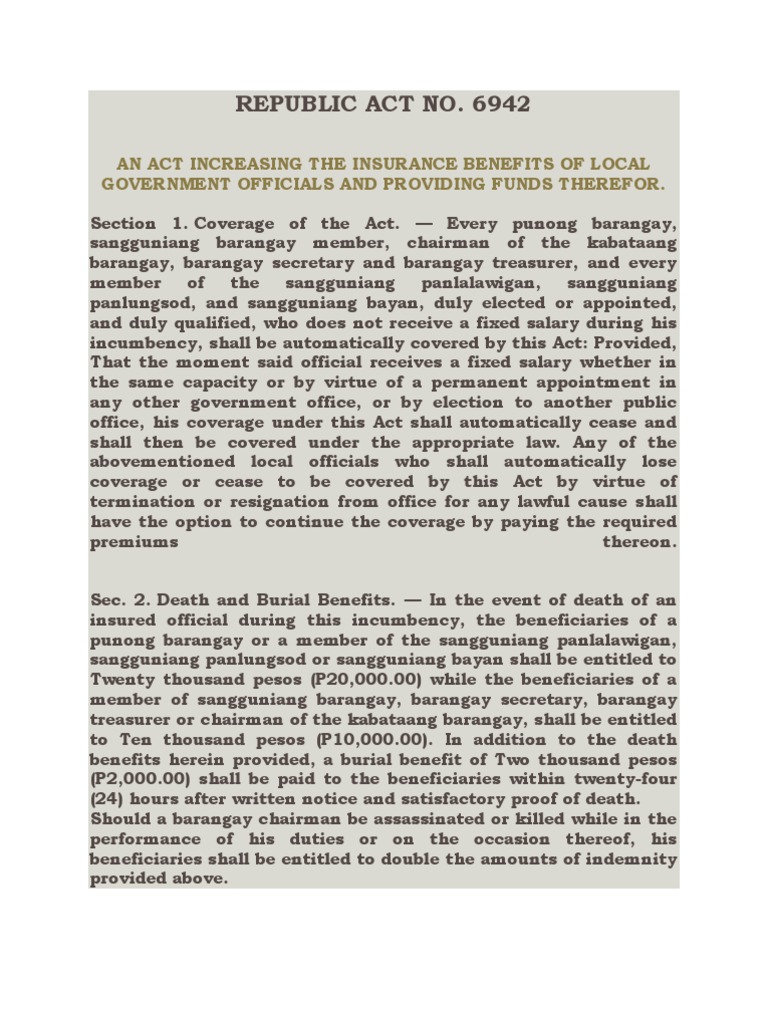RA 6942-Increasing The Insurance Benefits of The Local Govt Officials ...