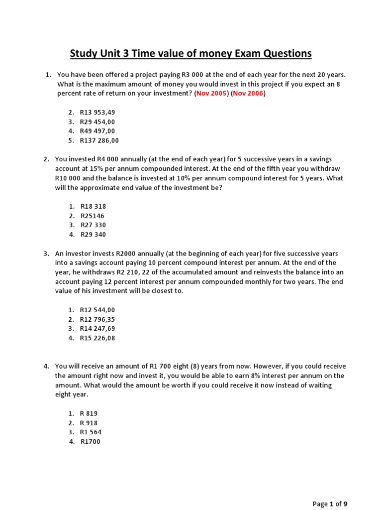 Study Unit 3 Exam Questions | PDF | Present Value | Compound Interest