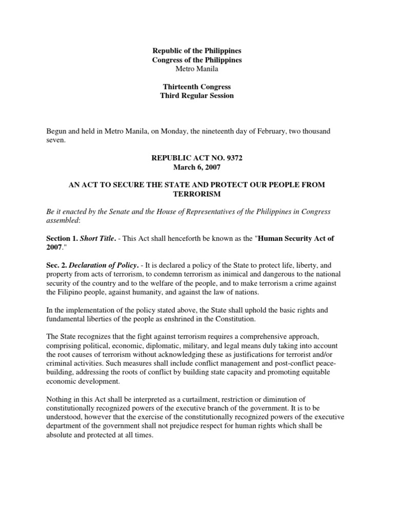 RA 9372-Human Security Act of 2007 (Securing and Protecting The State From Terrorism) | Download ...