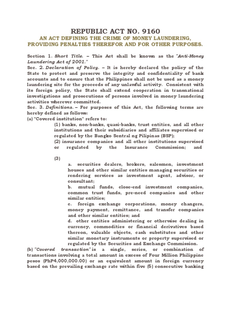 RA 9160-Anti-Money Laundering Act of 2001 | PDF | Money Laundering ...