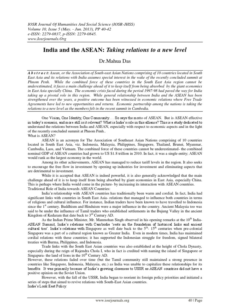India and The ASEAN: Taking Relations To A New Level: DR - Mahua Das ...
