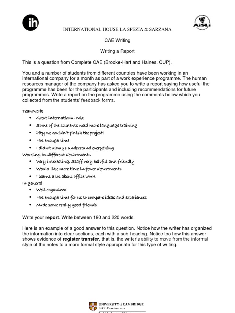 Cae Writing Report On A Work Experience Placement | PDF | Applied ...