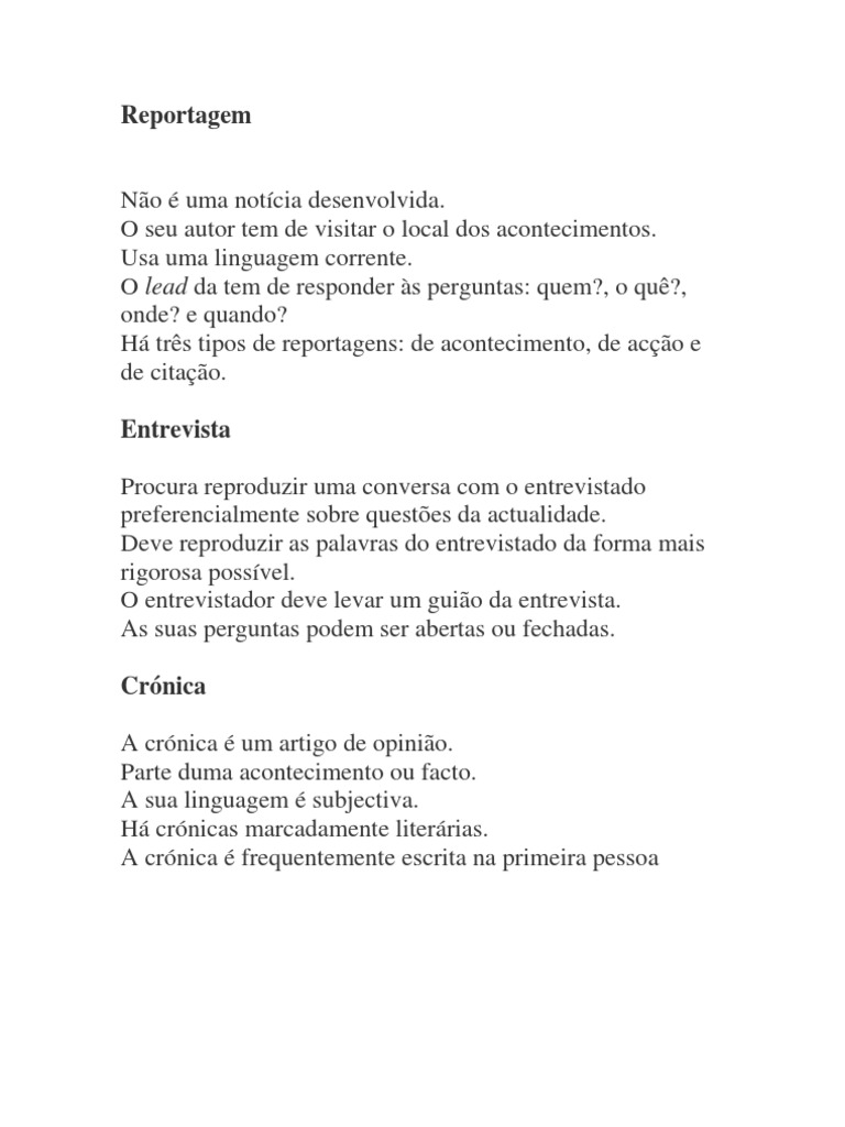 Reportagem Entrevista Crónica | PDF | Entrevista | Jornal e revista