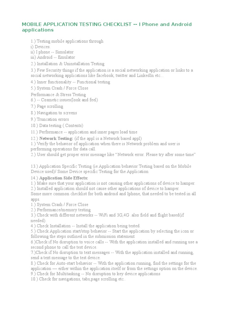 Mobile Application Testing Checklist - I Phone and Android Applications ... Mobile Application Testing Checklist - I Phone and Android Applications ...