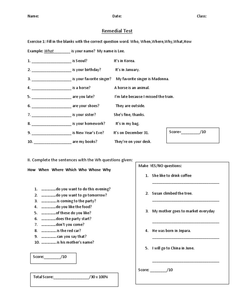 Remedial Test: Question Words Exercise | PDF