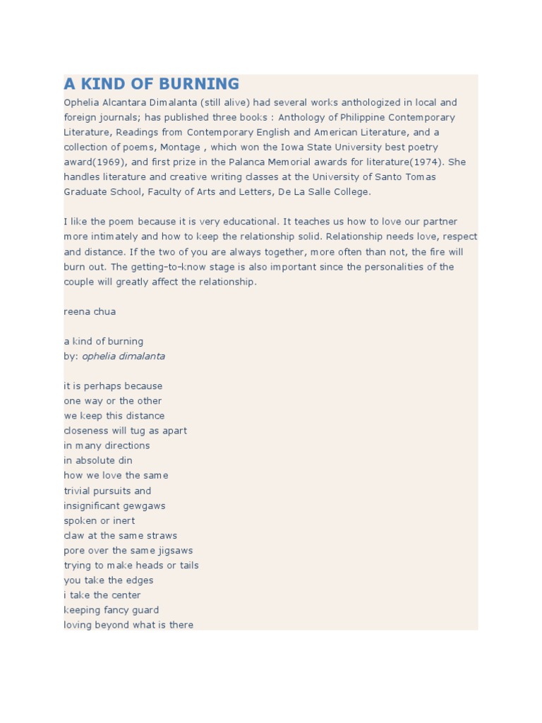 Ophelia Dimalanta's "A Kind of Burning" | PDF | Writing | Poetry