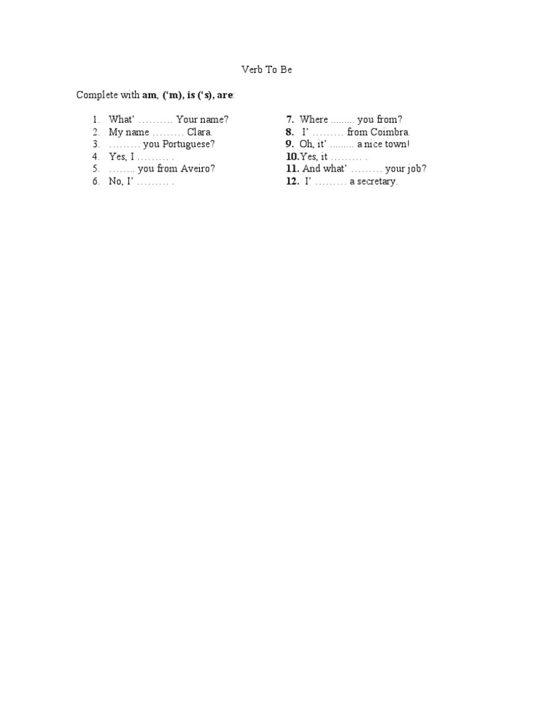Verb To Be: Fill in the Blanks Exercise | PDF