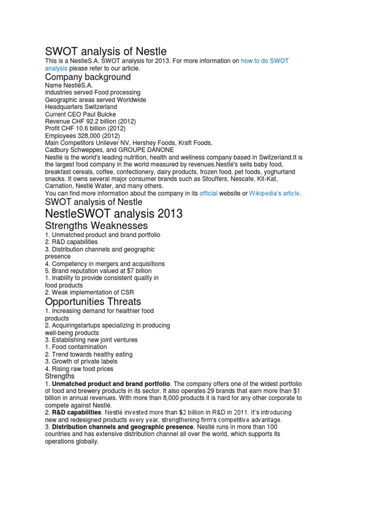 SWOT Analysis of Nestle | PDF | Nestlé | Foods