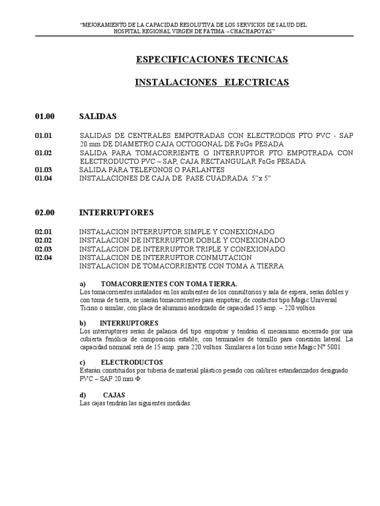 Especificaciones Tecnicas Instalaciones Electricas