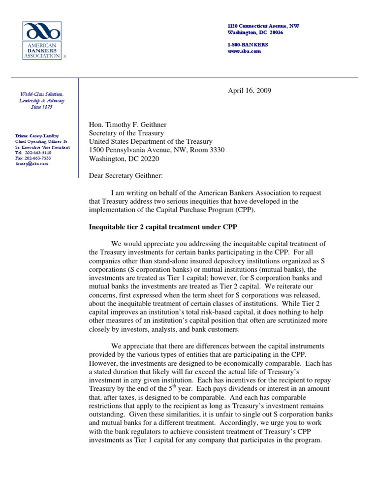 American Bankers Association Letter To Treasury Secretary Timothy ...