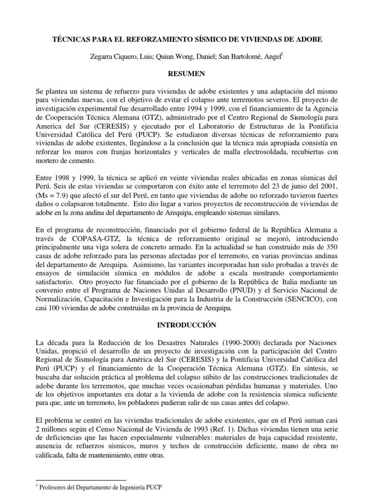 Tecnicas de Reforzamiento Sismico de Viviendas de Adobe | PDF