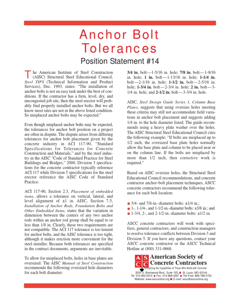 ACCC - Anchor Bolt Tolerances | Structural Steel | Screw