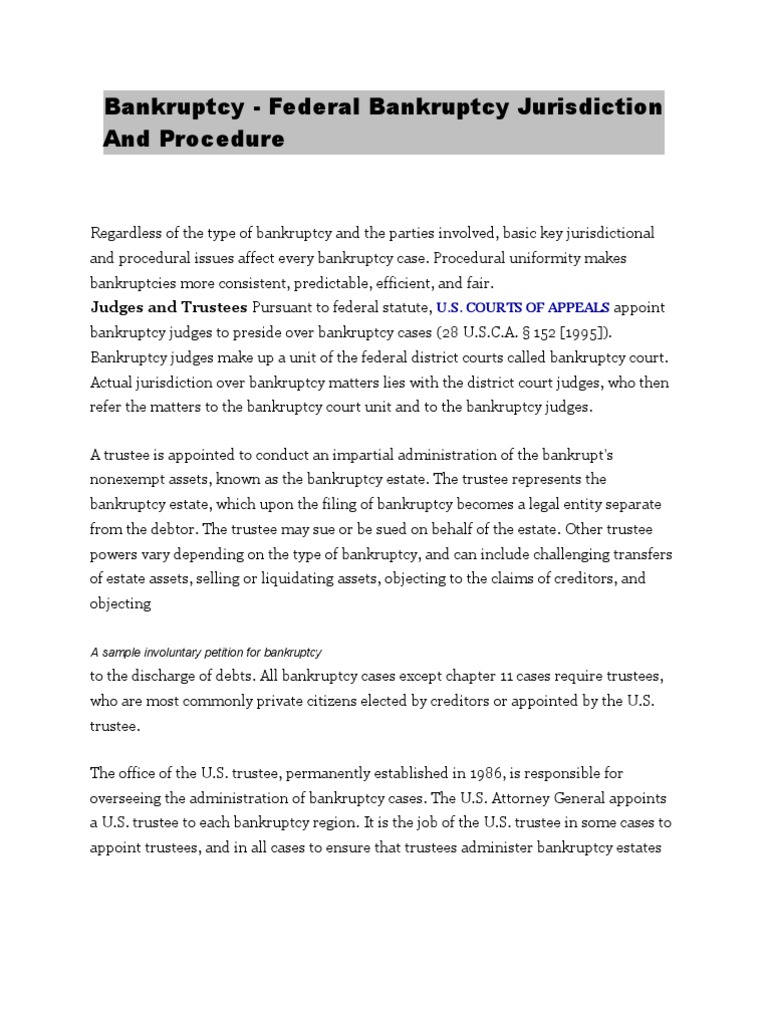 Federal Bankruptcy Jurisdiction and Procedure | PDF | Bankruptcy In The ...