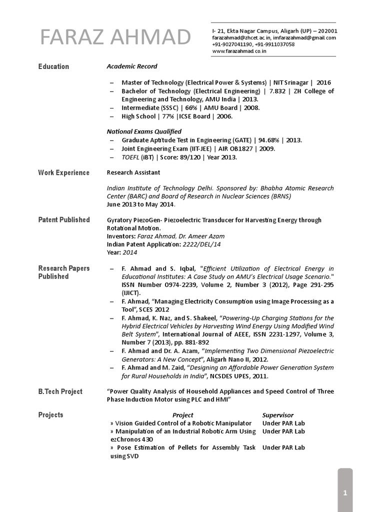 Faraz Ahmad CV | PDF | Robotics | Institute Of Electrical And Electronics Engineers