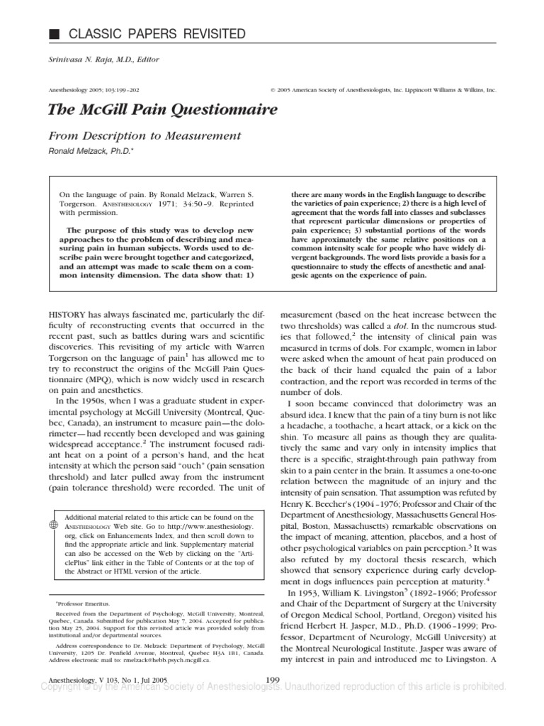 The McGill Pain Questionnaire - Melzack | PDF