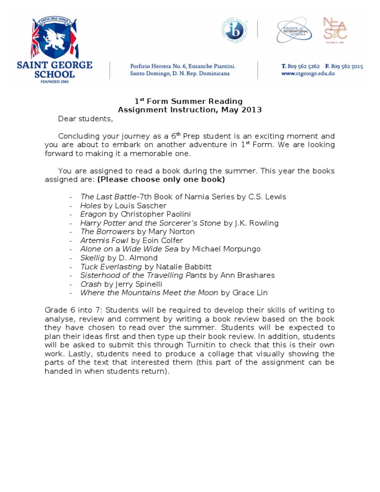 1 Form Summer Reading Assignment Instruction, May 2013: TH ST | PDF ...