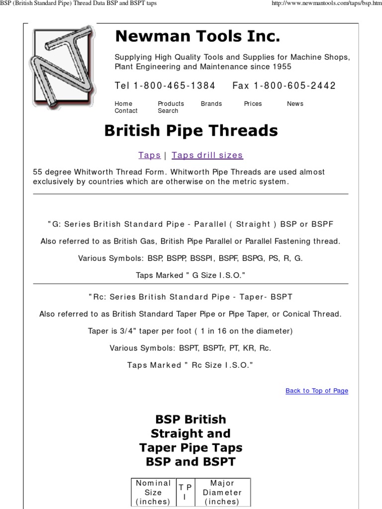 BSP (British Standard Pipe) Thread Data BSP and BSPT Taps | PDF ...
