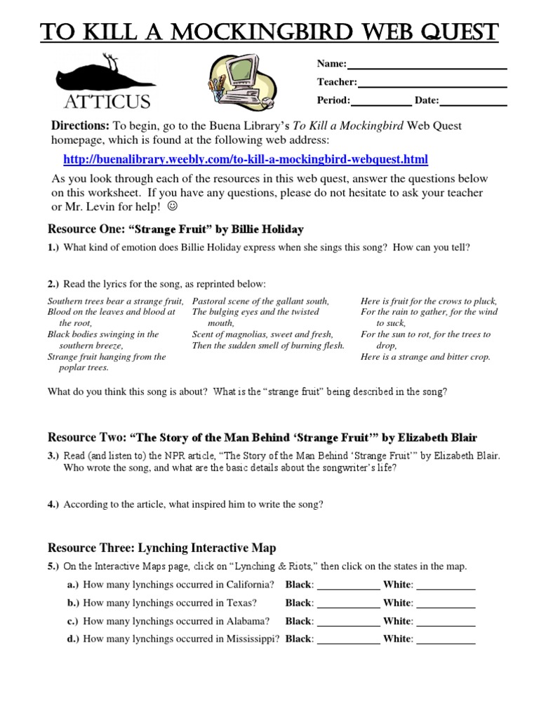 To Kill a Mockingbird Web Quest Worksheet | PDF | To Kill A Mockingbird ...