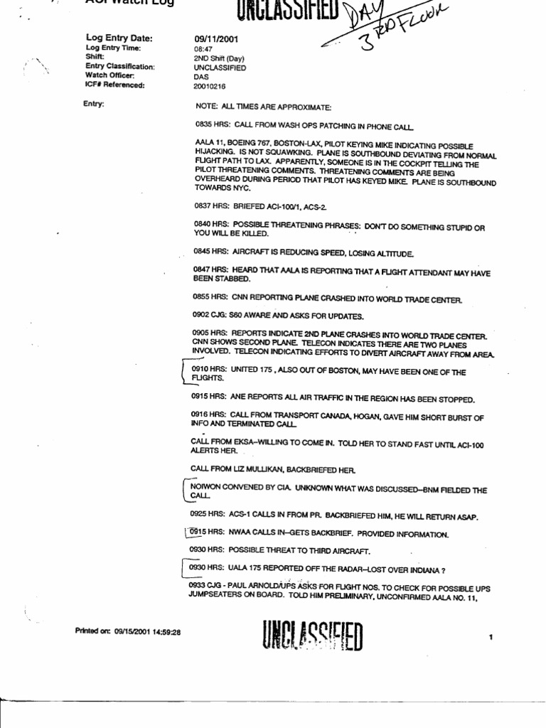 ACI Watch Log: 9/11 Hijacking Timeline | PDF | Aircraft Hijackings ...