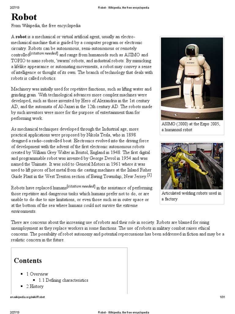 Robot - Wikipedia, The Free Encyclopedia | PDF | Robot | Robotics