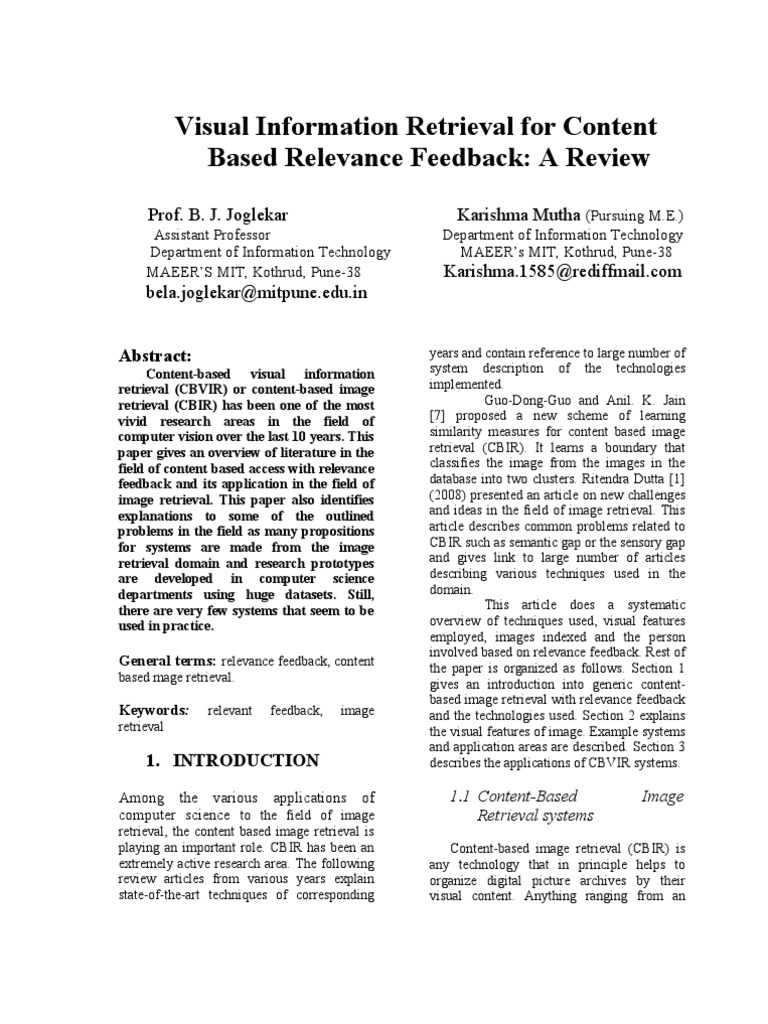 Visual Information Retrieval For Content Based Relevance Feedback: A Review | PDF | Information ...
