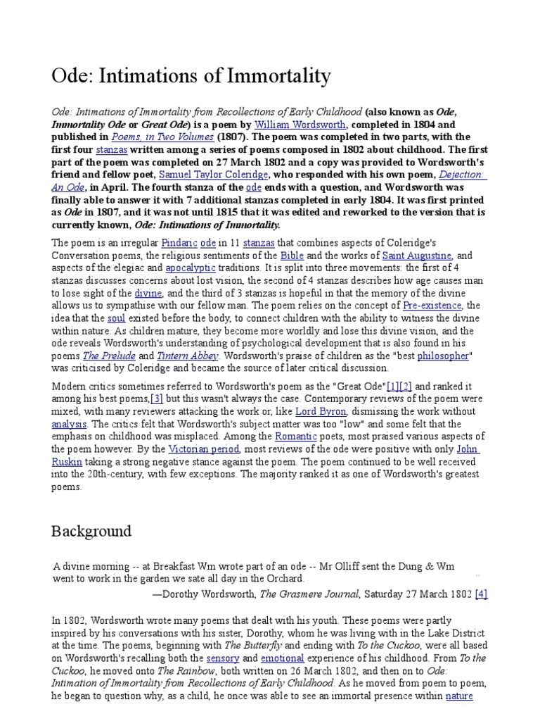 Ode: Intimations of Immortality: Background | PDF | Samuel Taylor ...