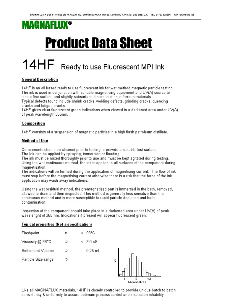 Product Data Sheet 14HF: Magnaflux | PDF | Ultraviolet | Ink