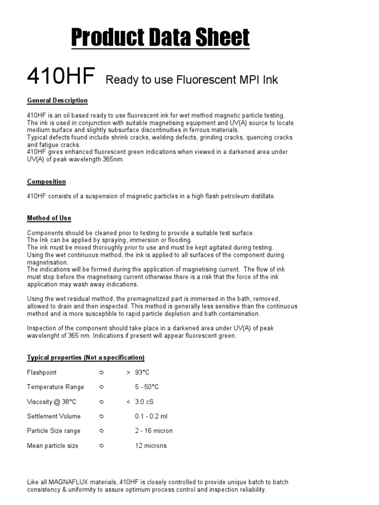Product Data Sheet 410HF: Ready To Use Fluorescent MPI Ink | PDF ...