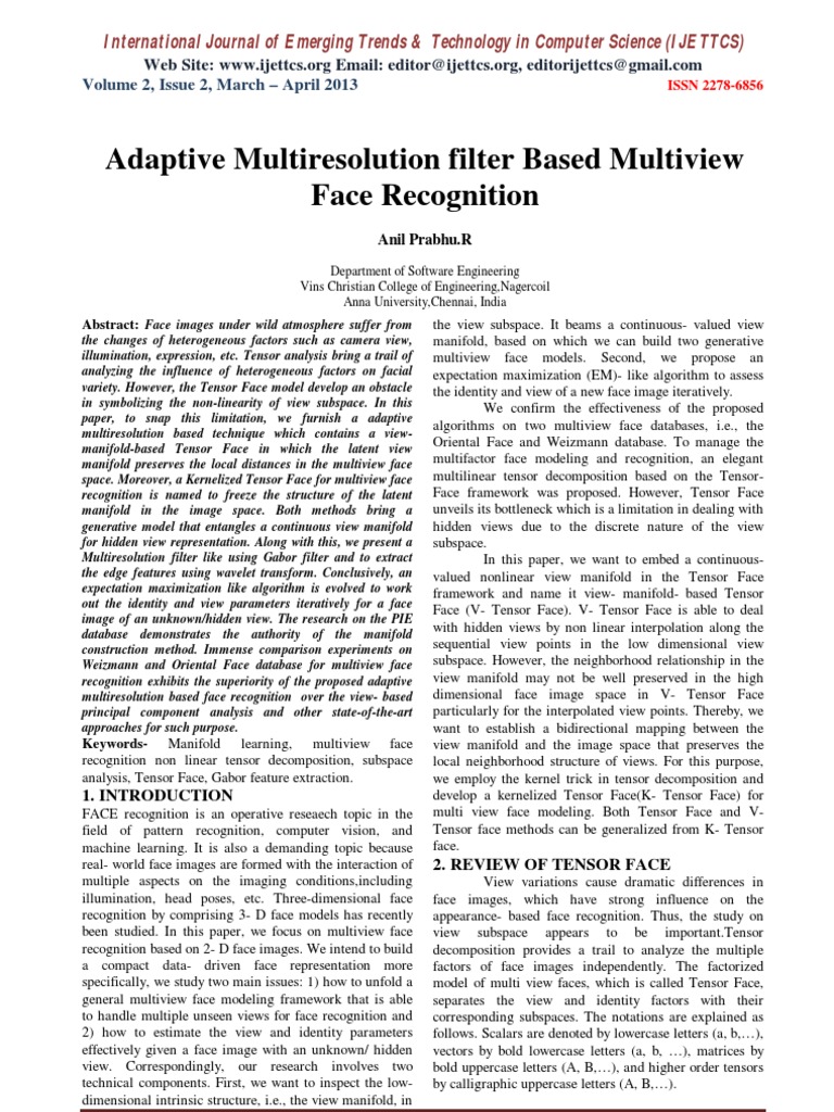 Adaptive Multiresolution Filter Based Multiview Face Recognition | PDF | Tensor | Vector Space