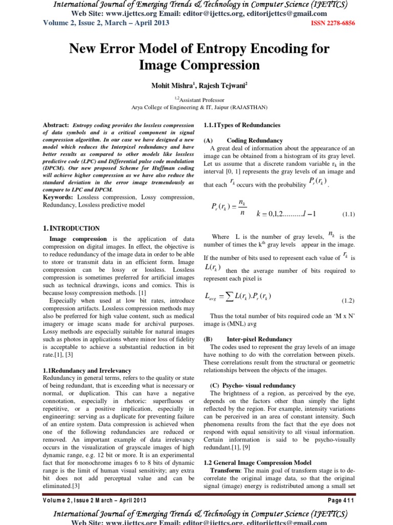 New Error Model of Entropy Encoding For Image Compression: Volume 2, Issue 2, March - April 2013 ...