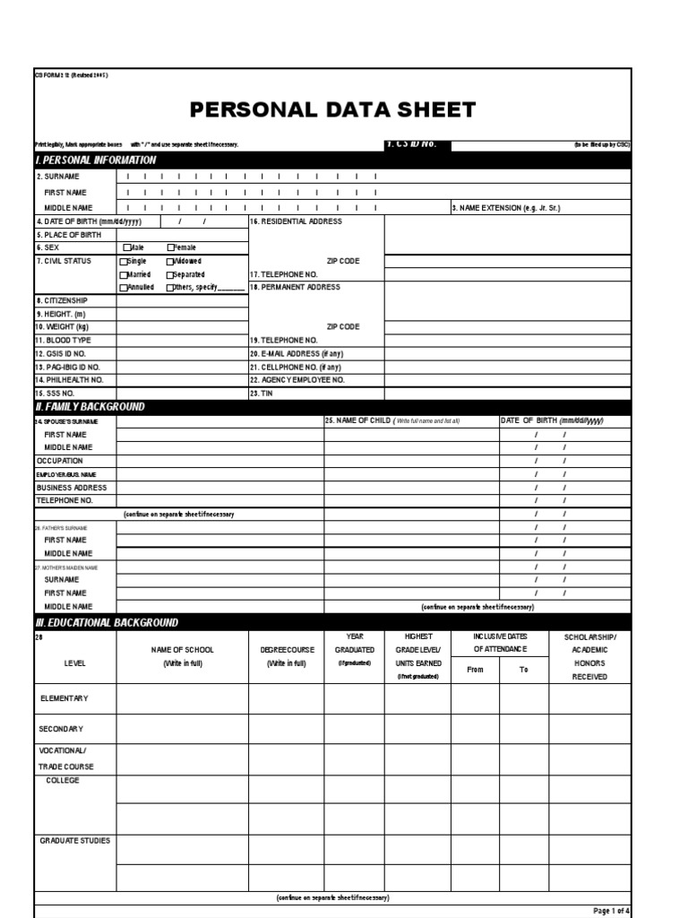 Personal Data Sheet: 1. CS ID No. I. Personal Information | PDF ...