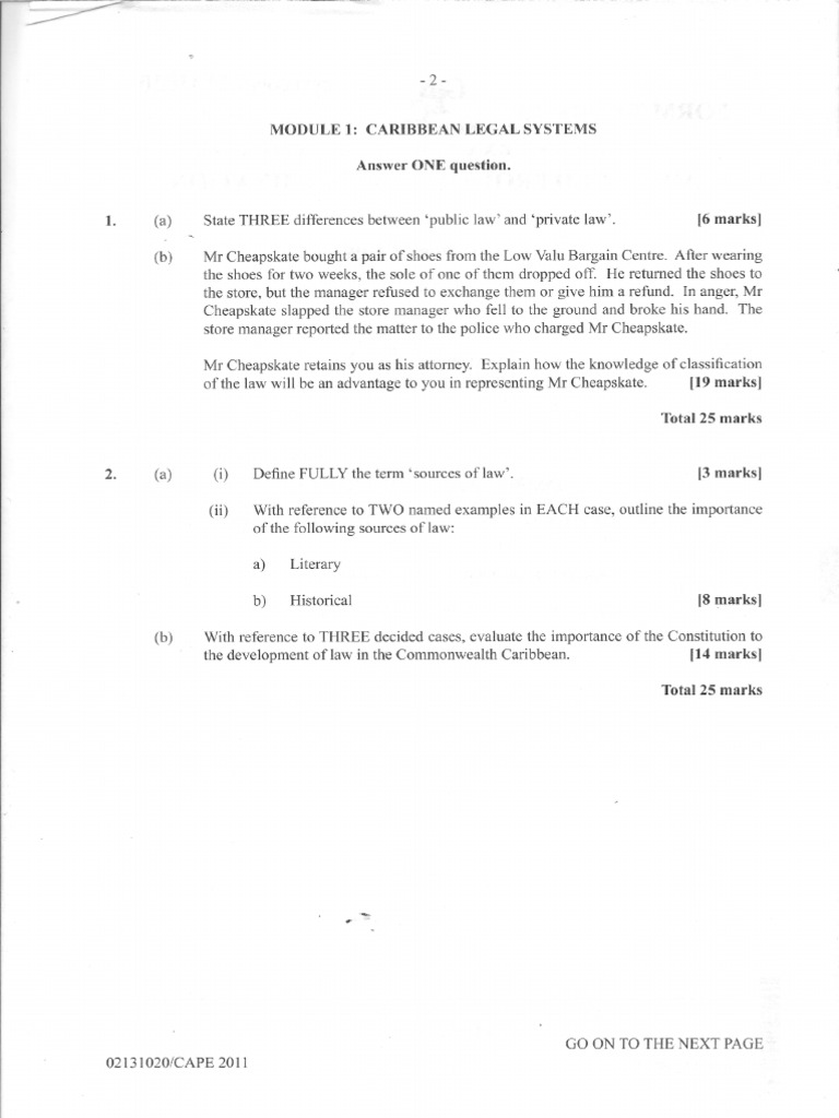 Cape Law Unit 1 Past Paper 2011 | PDF