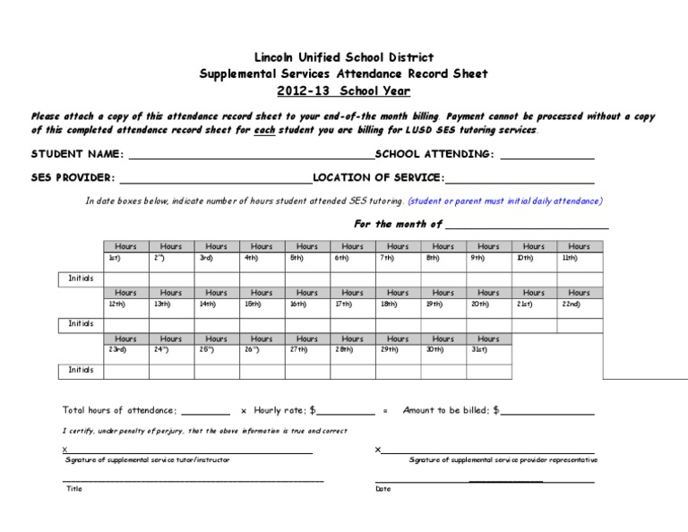 Lincoln Unified School District Supplemental Services Attendance Record ...