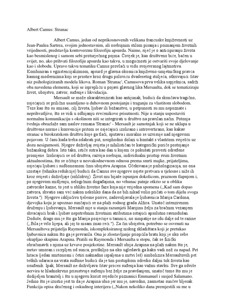 Primjer Eseja - Albert Camus 'Stranac' | PDF