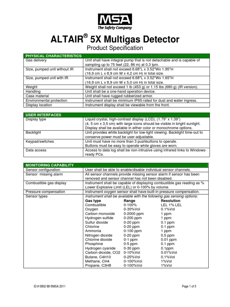 Altair 5X Multigas Detector: Product Specification | Battery ...