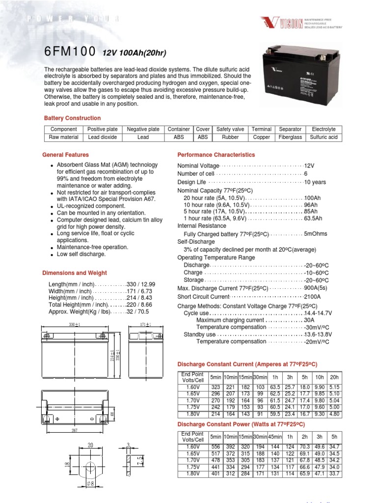 100ah - 12V - 6FM100 VISION | PDF | Battery (Electricity) | Energy Storage