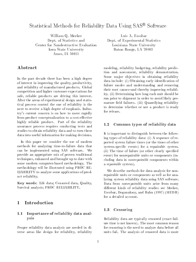 Paper 262 Statistical Methods For Reliability Data Using Sasr Software Pdf Reliability