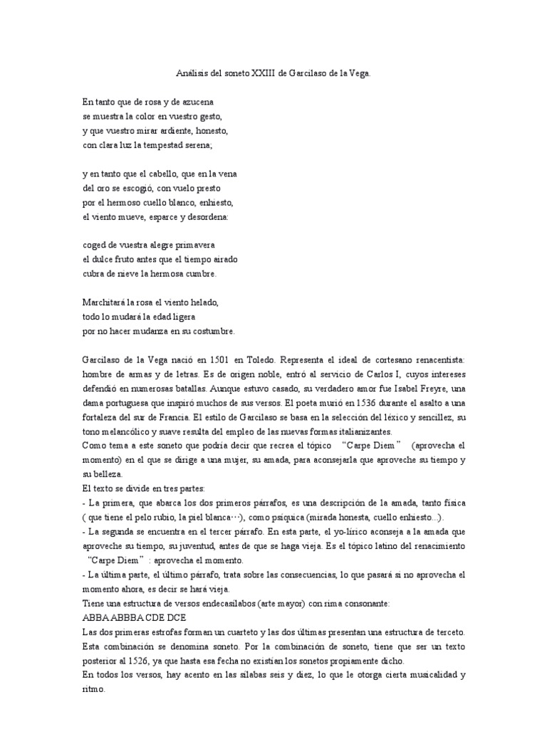 Análisis Del Soneto XXIII de Garcilaso PDF | PDF | Sonetos | Poesía
