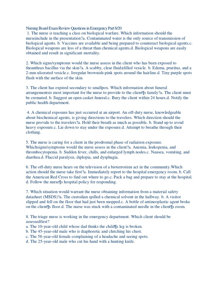 Nursing Board Exam Review Questions in Emergency Nursing | PDF ...