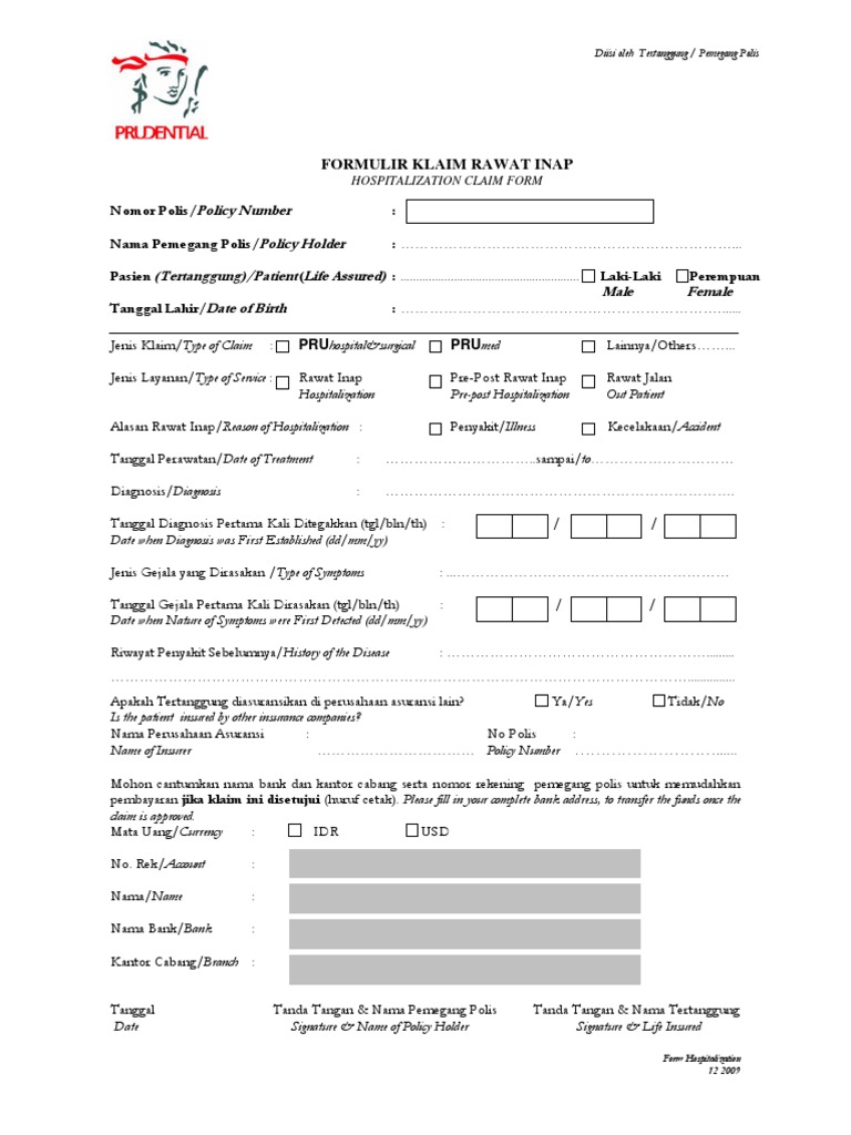 Contoh Formulir Klaim Rawat Inap Pada Asuransi Prudential (Versi ...