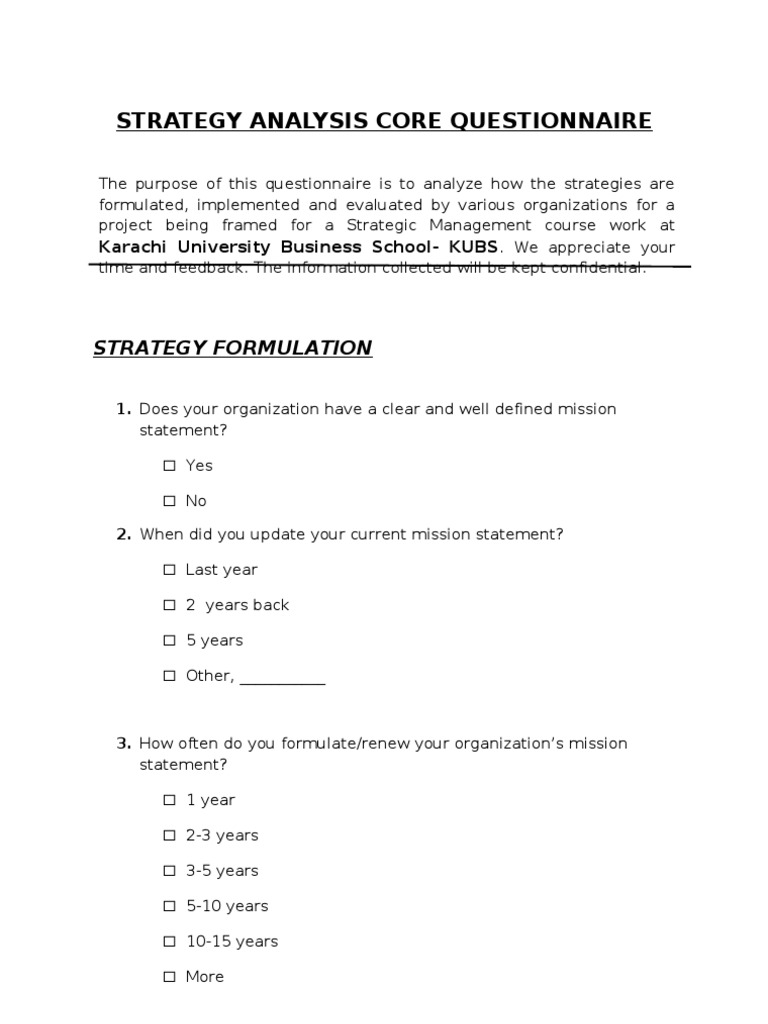 Strategic management Questionnaire | Strategic Management | Swot Analysis